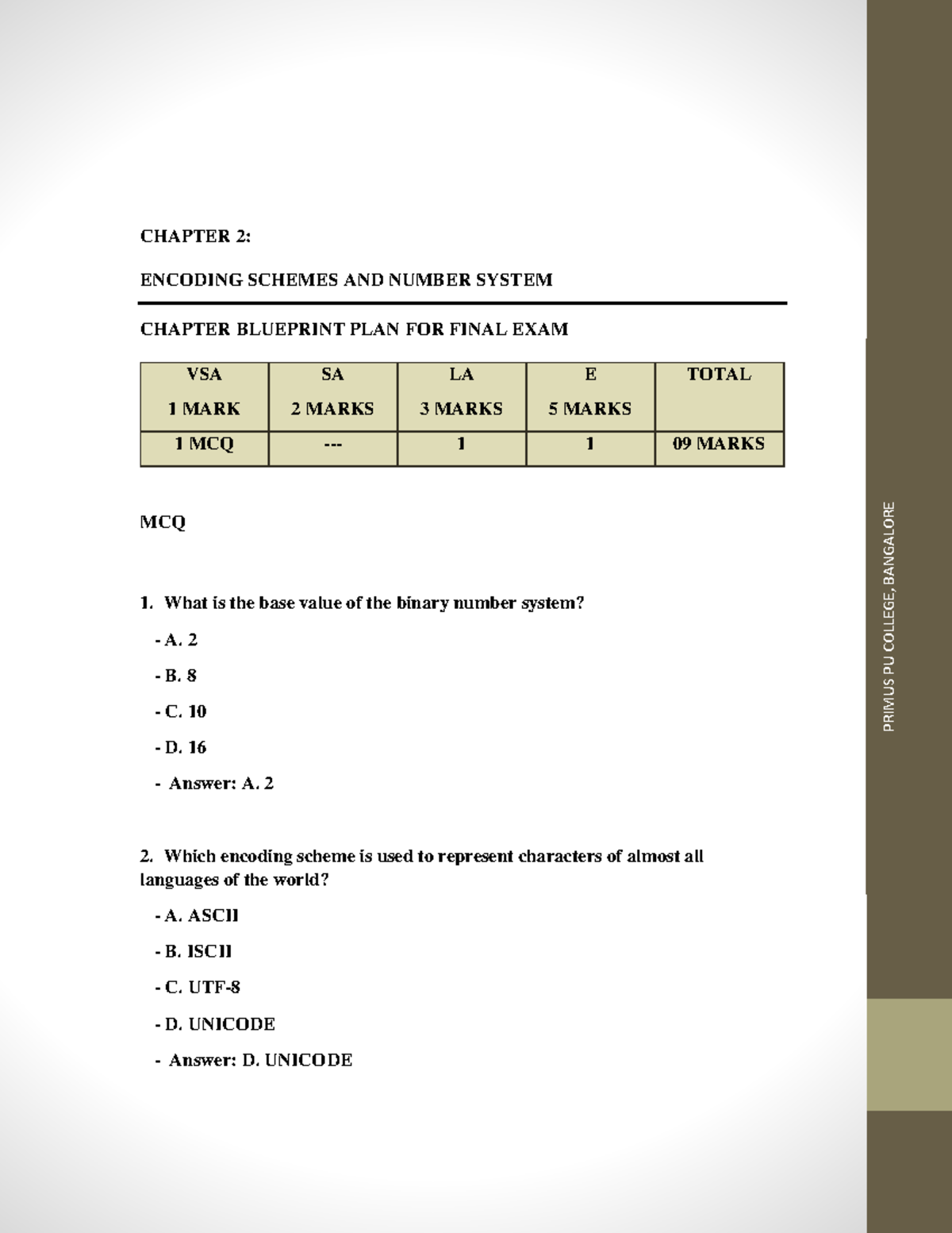 I PU CS CH2 Encoding Schemes & Num System Q&A Notes for Final Exam ...