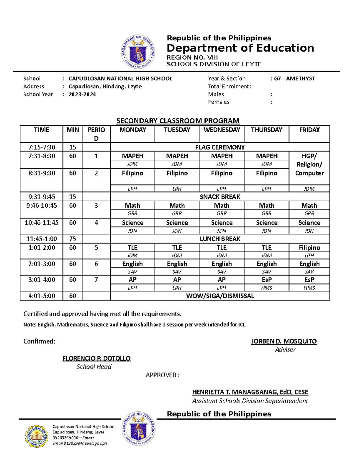 Secondary Classroom Program for G7-G11 at Capudlosan HS (SY 2023-2024 ...