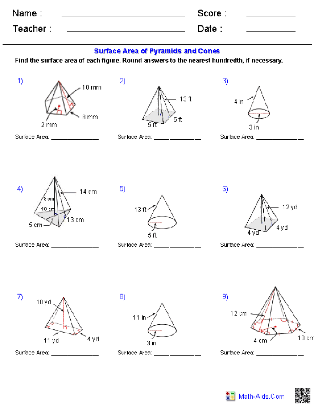 Geometry surface pyramids cones - MATH 1003 - Name : Score : Teacher ...