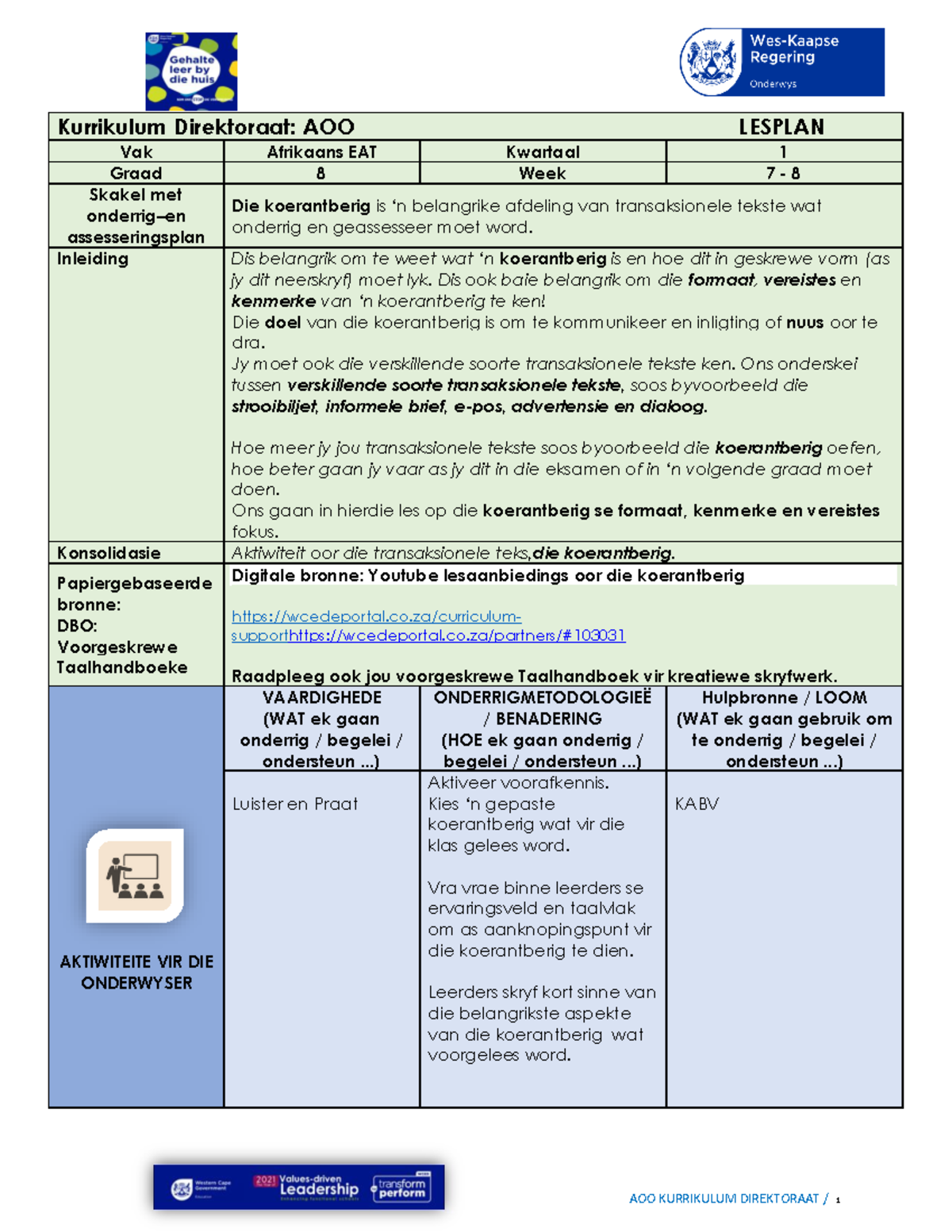 Afri EAT Gr.8 3 - Koerantberig Formaat en Kenmerke LesPlan - Studocu