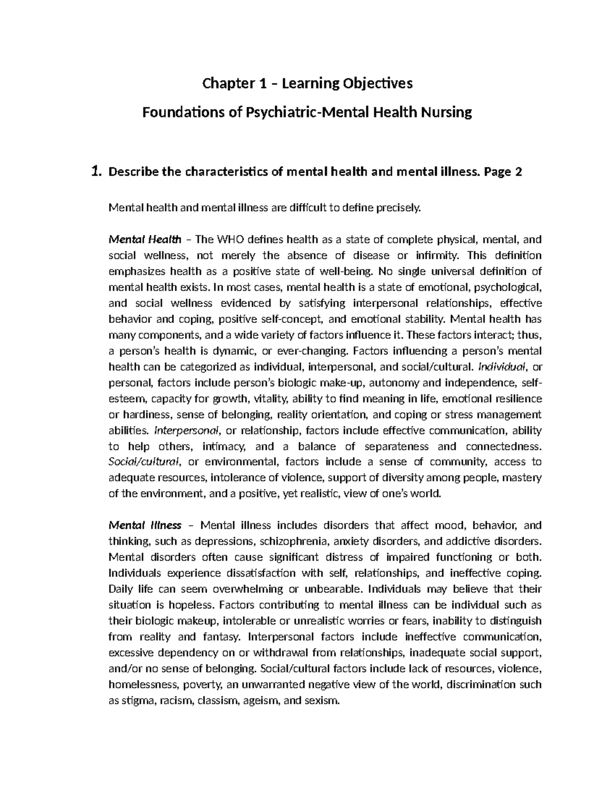 Foundations of Psychiatric-Mental Health Nursing: Chapter 1 Learning ...