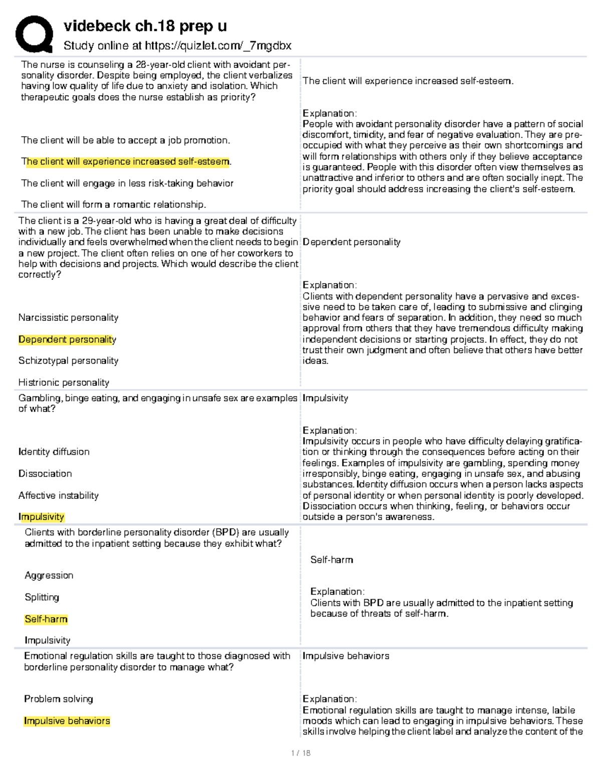 Chapter 18 Nursing Practice in Psychiatry: Personality Disorders ...