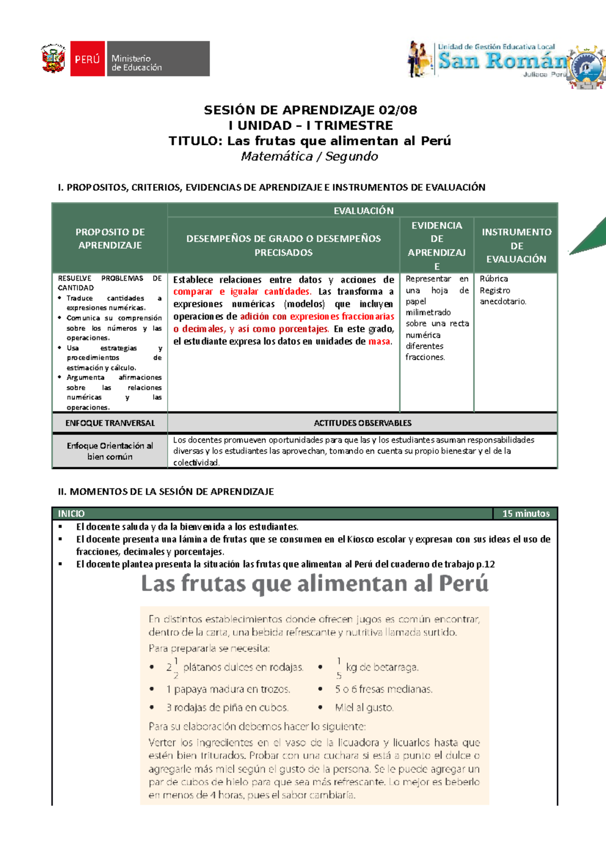Sesion DE Aprendizaje 2do grado - SESIÓN DE APRENDIZAJE 02/ I UNIDAD – I TRIMESTRE TITULO: Las ...