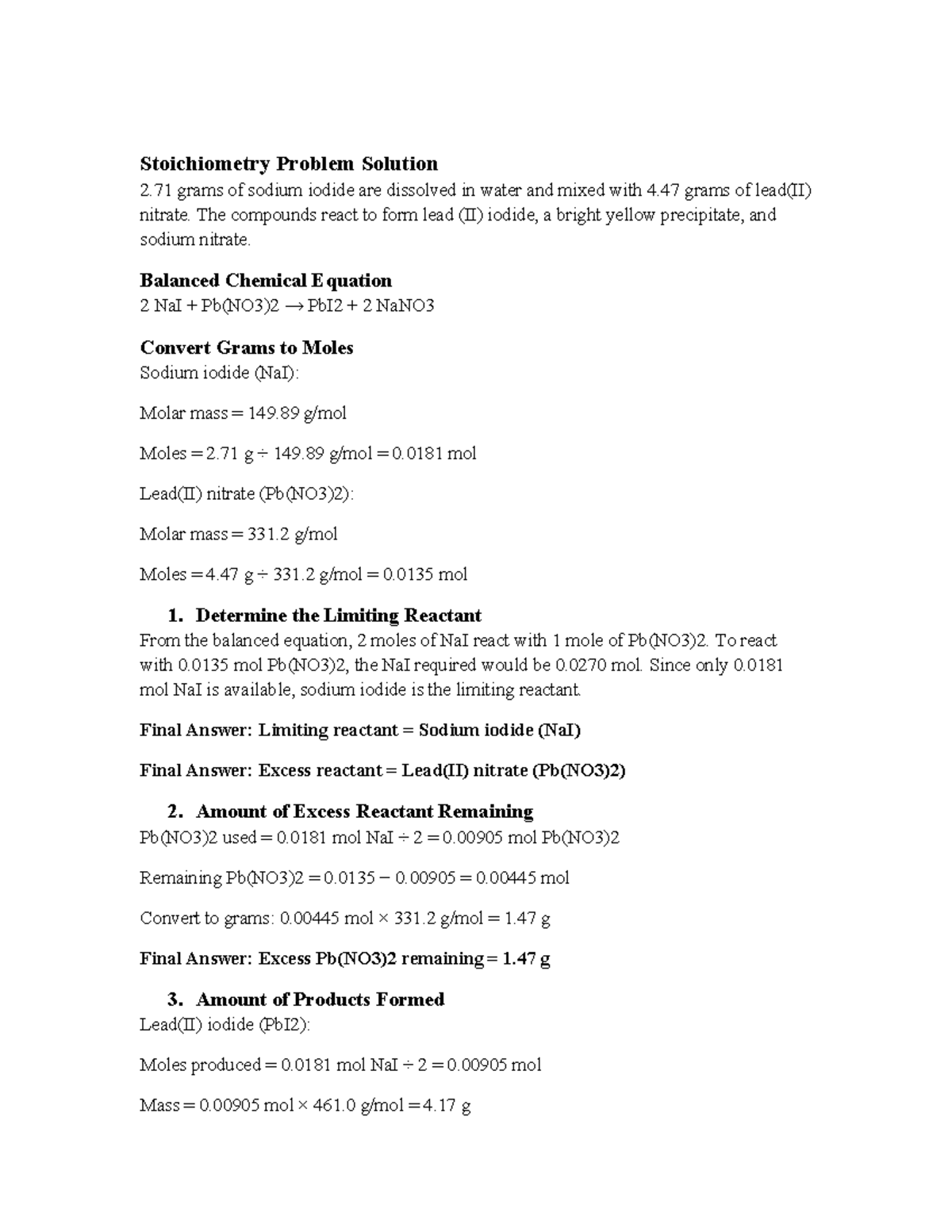 Stoichiometry Problem Solution: NaI & Pb(NO3)2 Reaction Analysis - Studocu