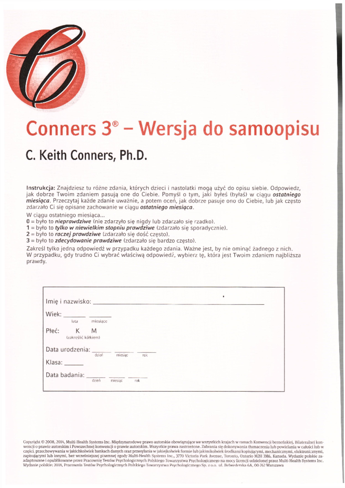 690211607 Conners 3® - Wersja do Samoopisu dla Dzieci i Młodzieży - Studocu