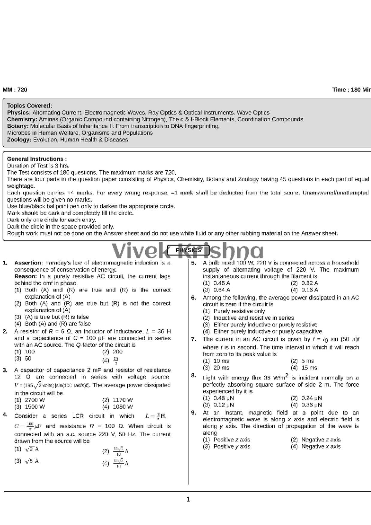 Fortnightly Test for NEET-2026 RM(P3) FT-08C: Physics, Chemistry ...