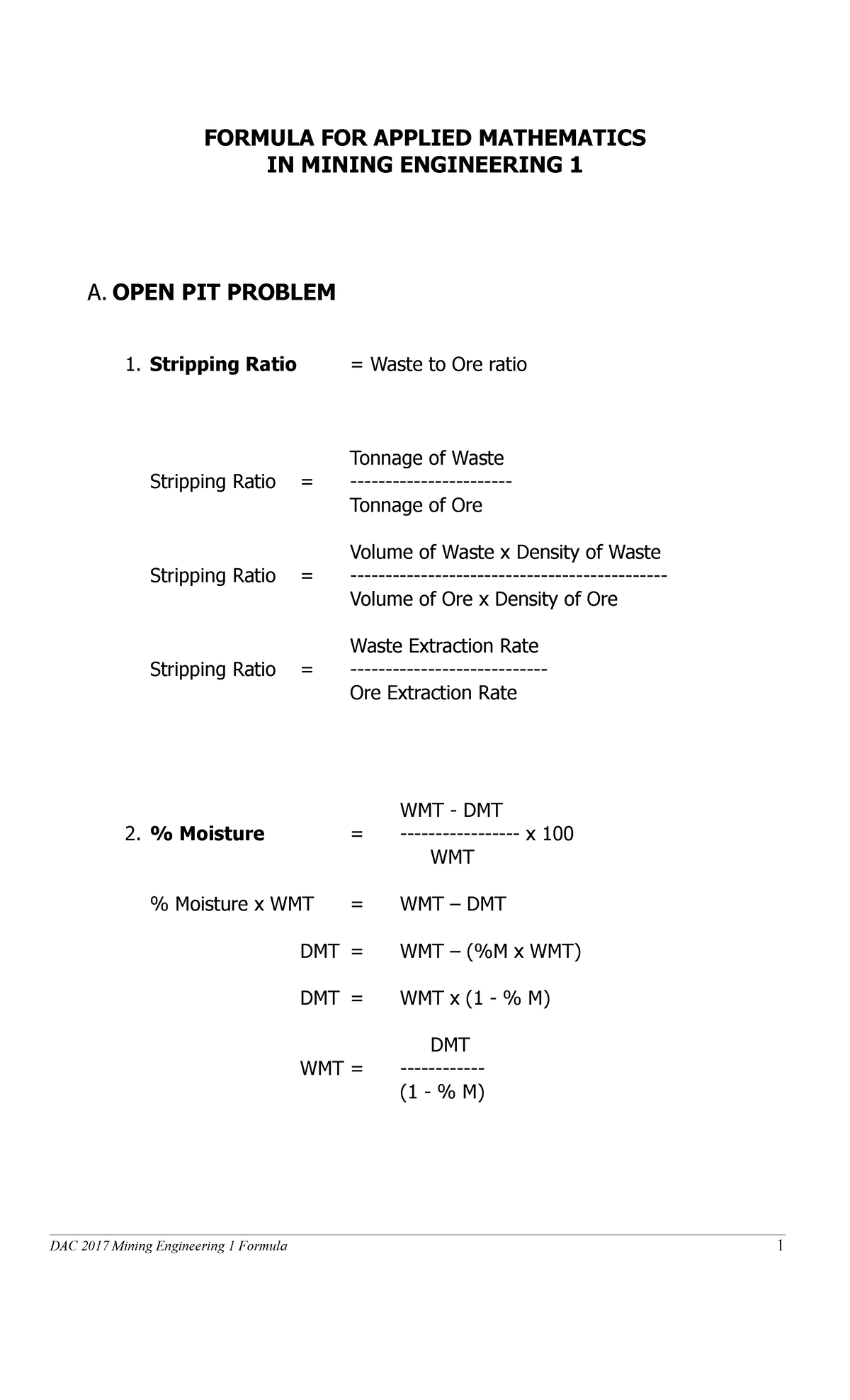 Mining Engineering 1: Essential Formulas for Open Pit Problems - Studocu