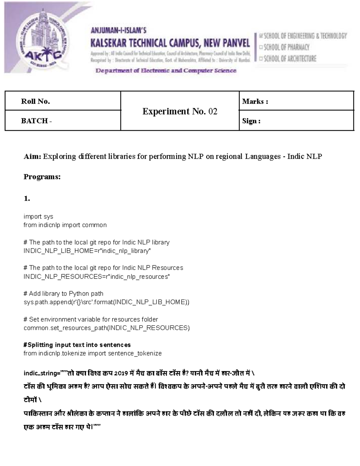 NLP Lab Experiment 02: Exploring Indic NLP Libraries - Studocu