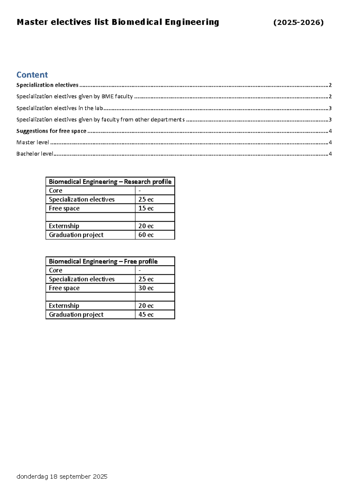 Master BME Electives List 2025-2026: Specialization Courses - Studeersnel