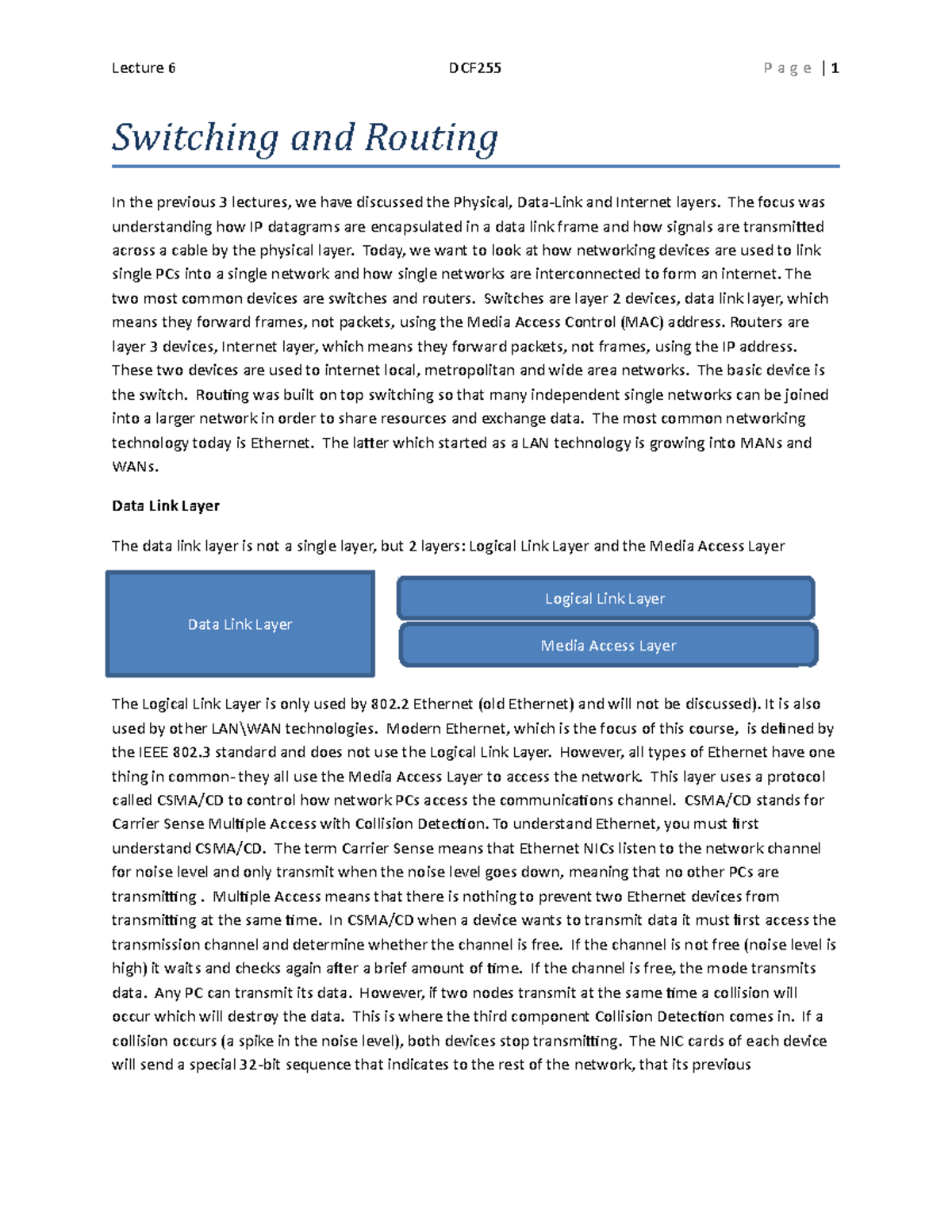 Lecture 6 Switching Routing 1-notes - Switching and Routing In the ...