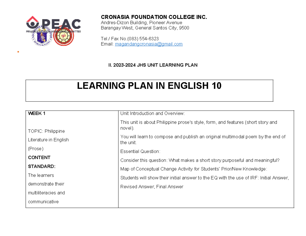 JHS UNIT LEARNING PLAN IN ENGLISH 10: Philippine Literature Focus - Studocu