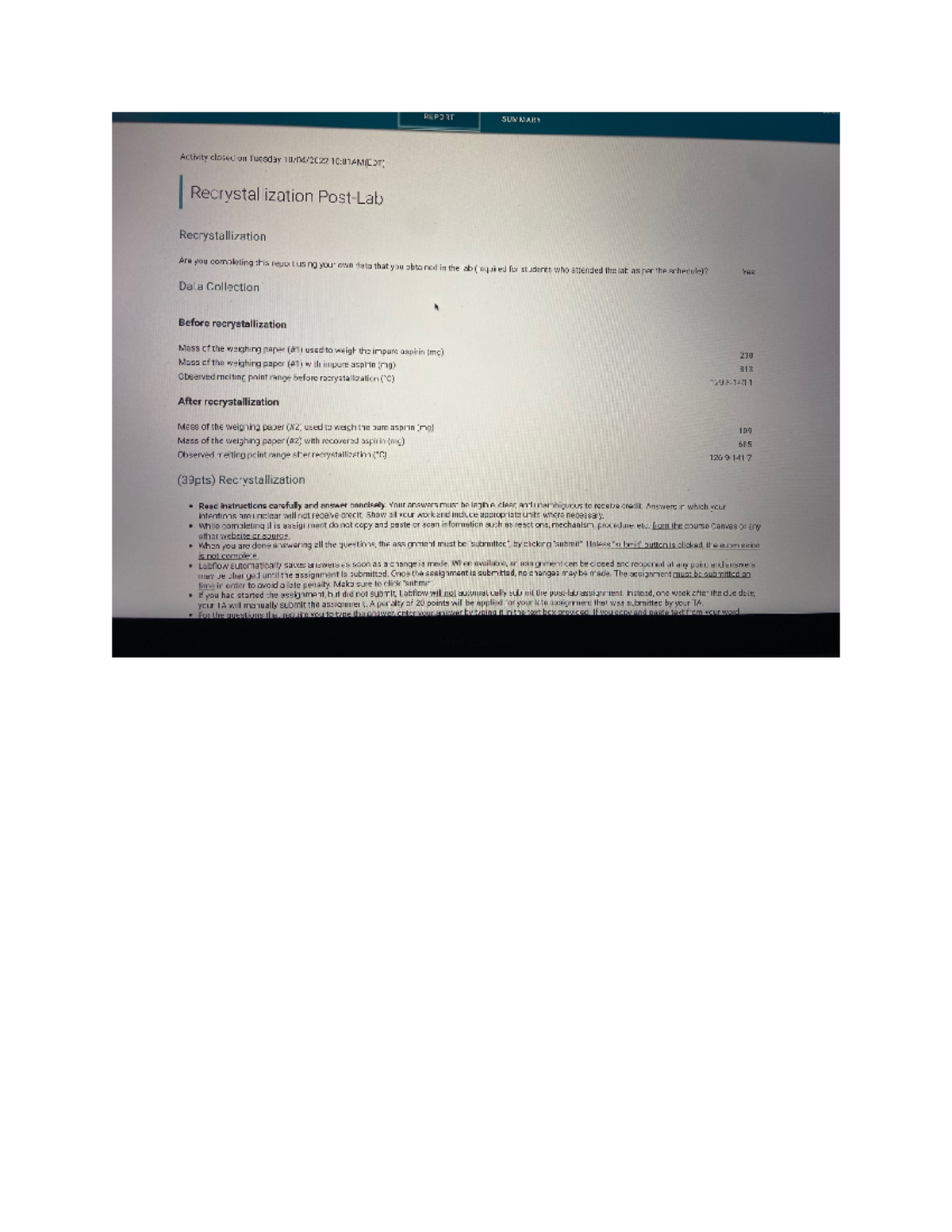 Recrystallization Post Lab Report: Analyzing Aspirin Purity - Studocu