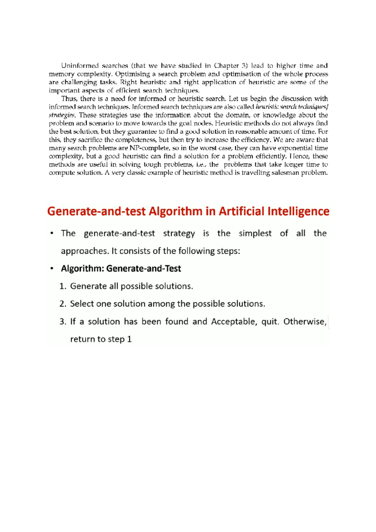 AI 101: Generate and Test Algorithm - Informed Search Techniques - Studocu