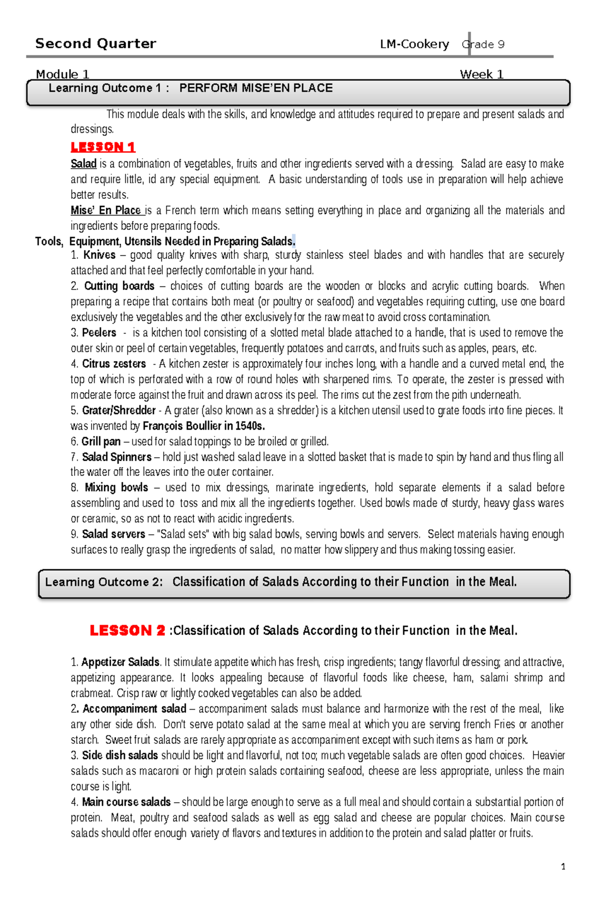 2ND Quarter Cookery Grade 9 Lessons: Mastering Salad Preparations - Studocu