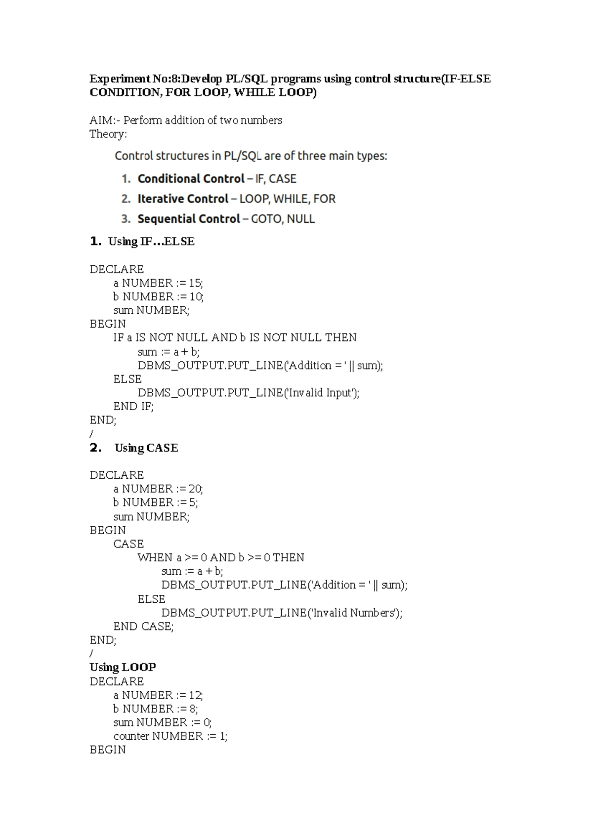 Experiment No: 8 - Control Structures in Programming: Loops & Conditions - Studocu