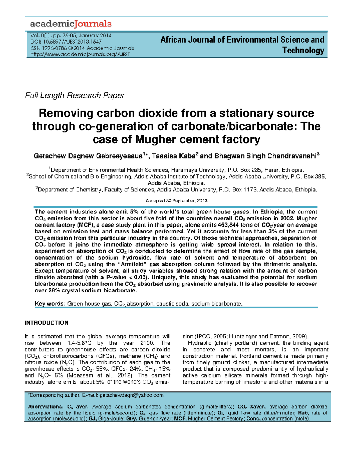 Removing CO2 from Mugher Cement Factory: A Case Study on Absorption ...