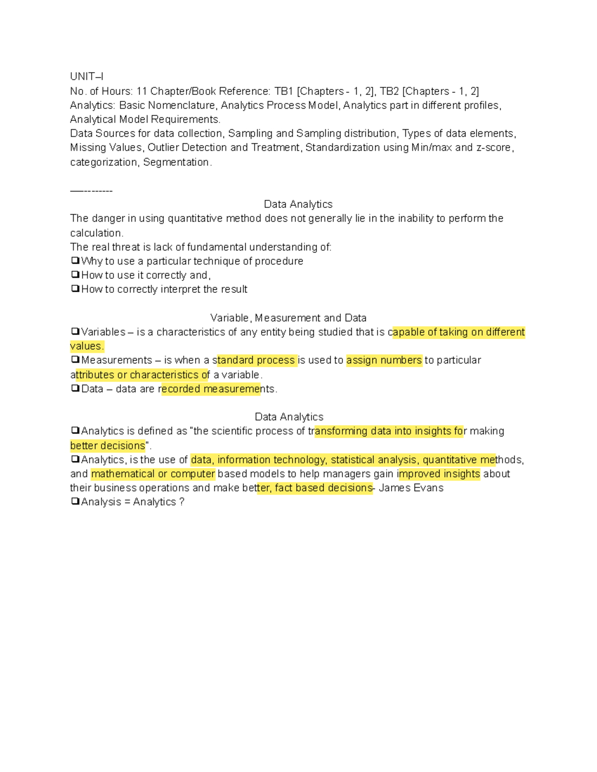 UNIT-I Summary: Data Visualization & Analytics Process Overview - Studocu