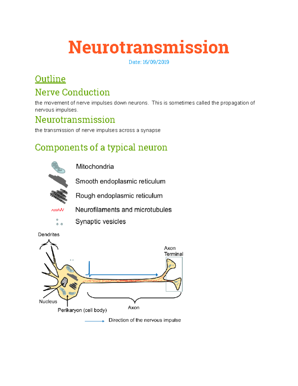 Week Four Anatomy Lecture P1 - Neurotransmission Date: 16/09/ Outline ...
