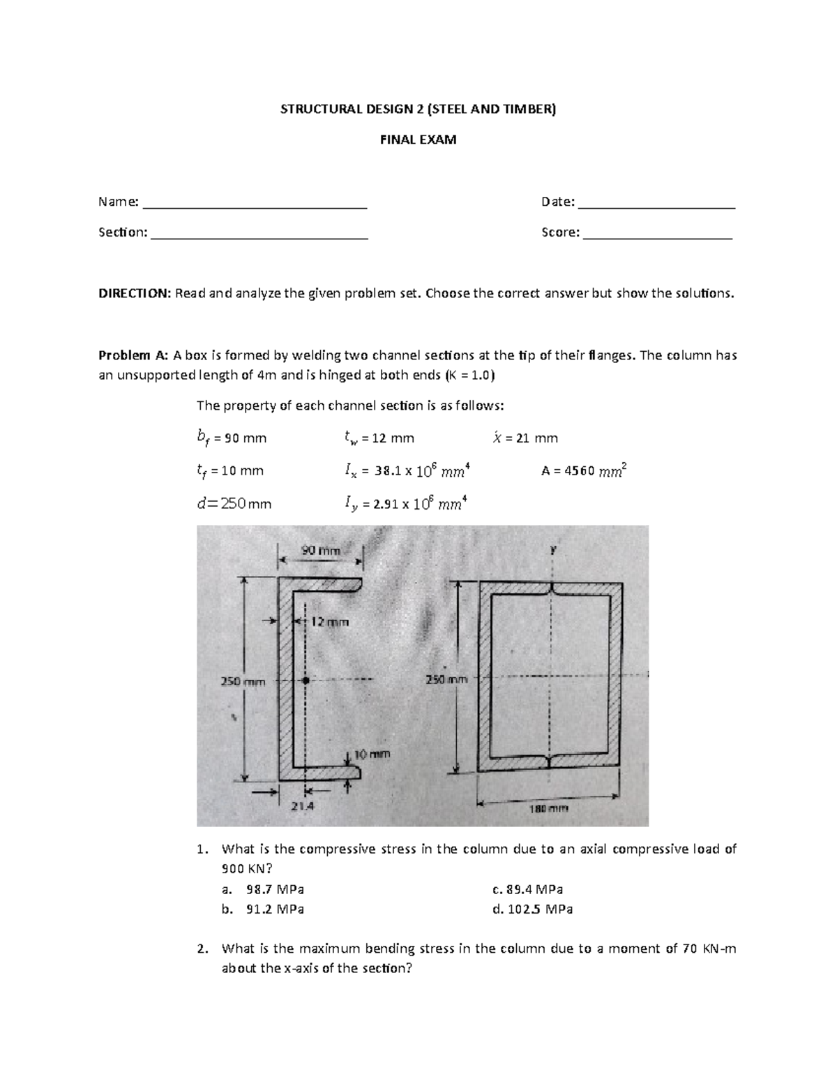 Structural Design 2 (Steel & Timber) Final Exam Problems & Solutions - Studocu
