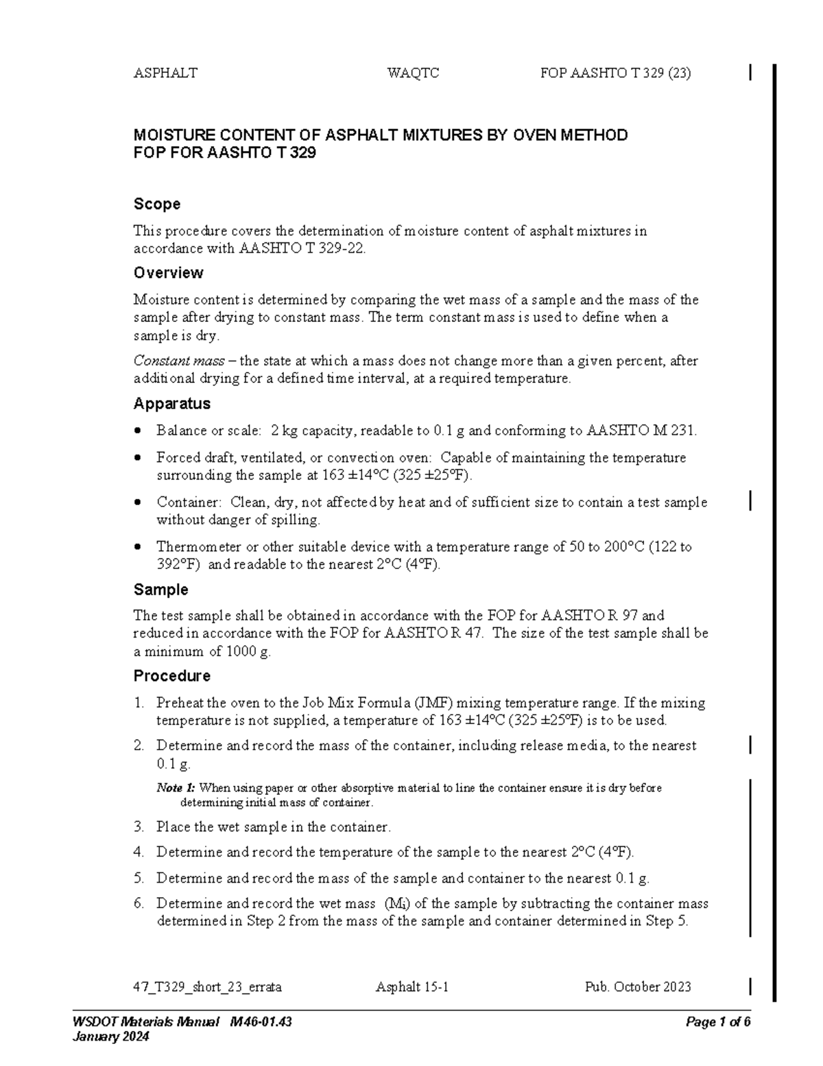 AASHTO T 329 (23) Moisture Content of Asphalt Mixtures - Oven Method ...