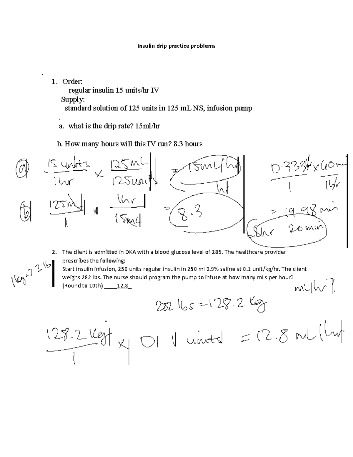 Insulin Drip Practice Problems - DKA Scenarios & Calculations - Studocu