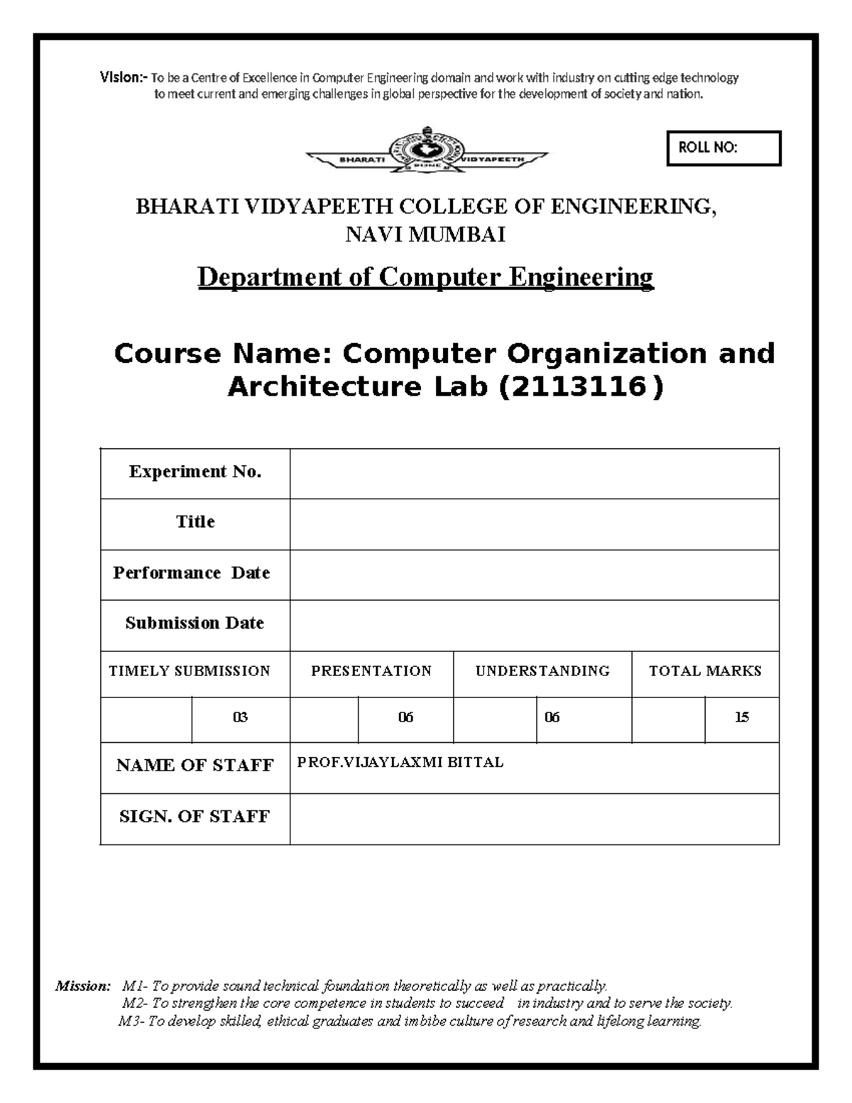 COA Lab Experiment Front Page (2113116) - Bharati Vidyapeeth - Studocu