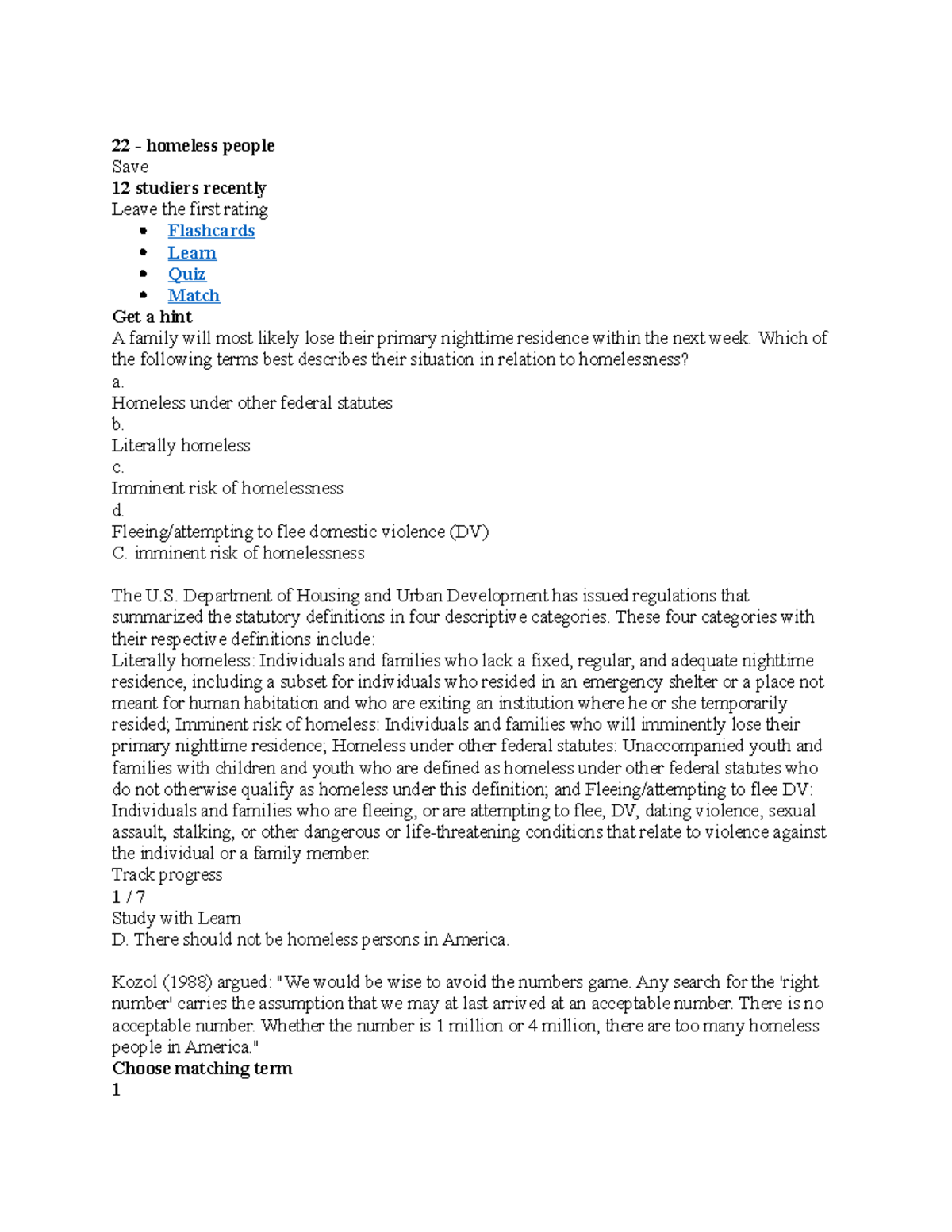Chapter 22 Practice Questions on Homelessness (Course Code: 22) - Studocu