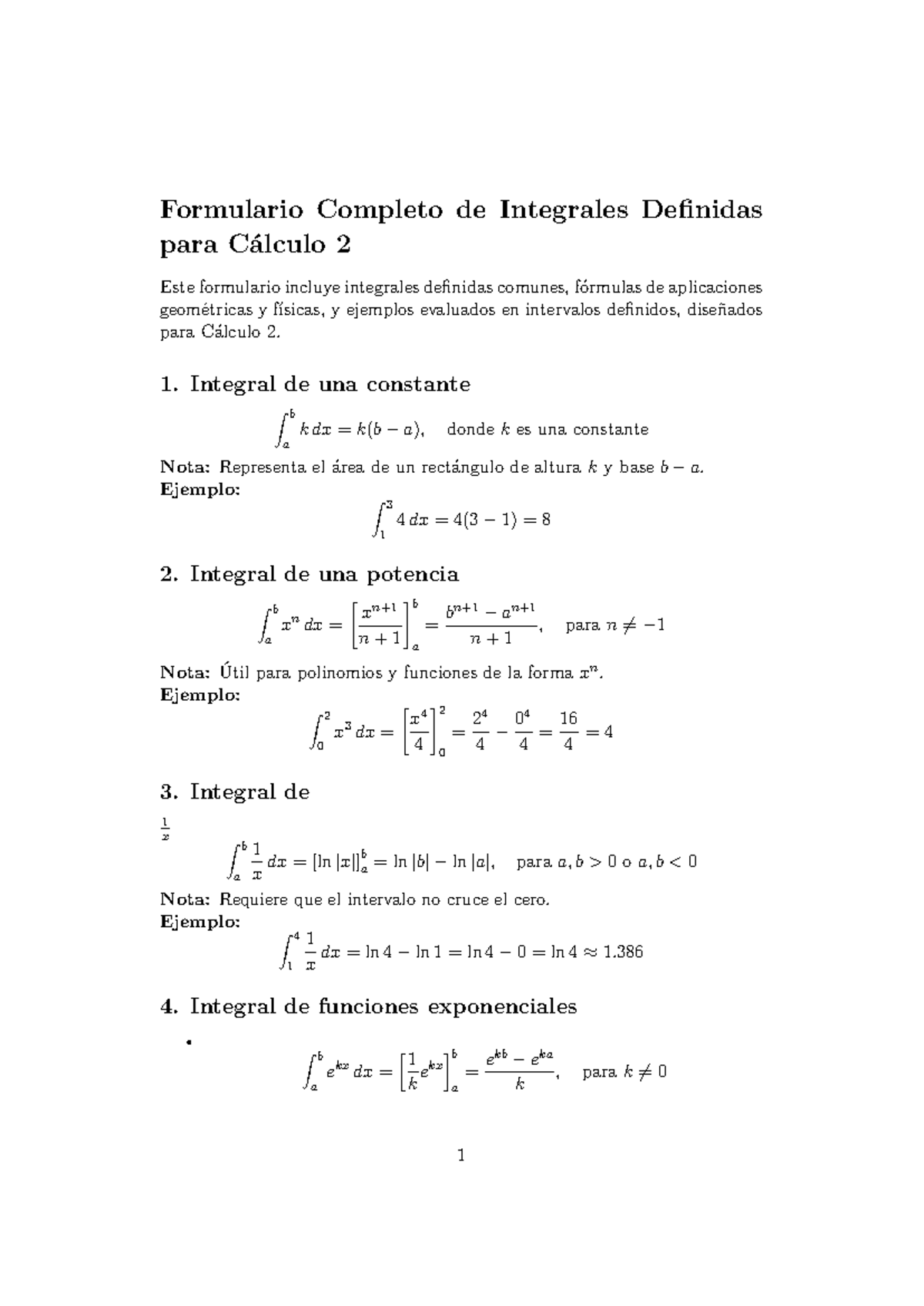 Formulario Completo de Integrales Definidas para Cálculo 2 - Studocu