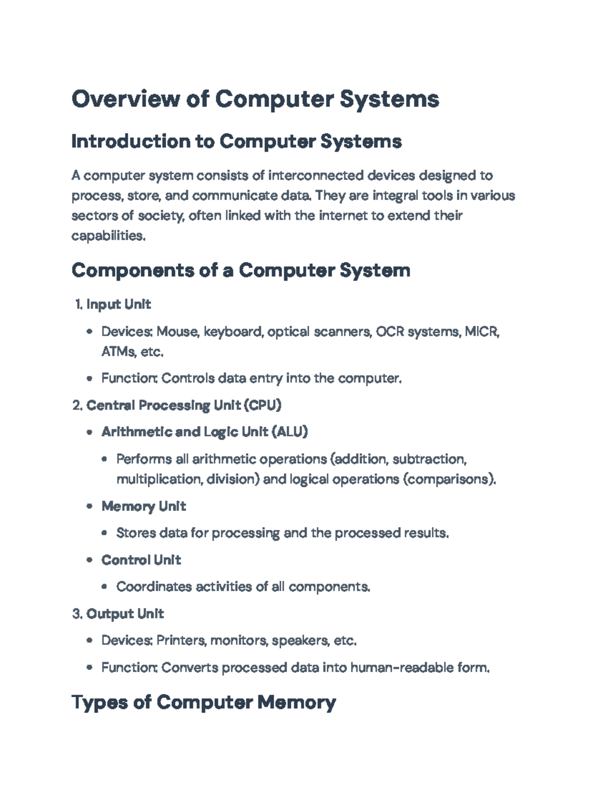 Overview of Computer Systems and Their Information Systems (CS101 ...