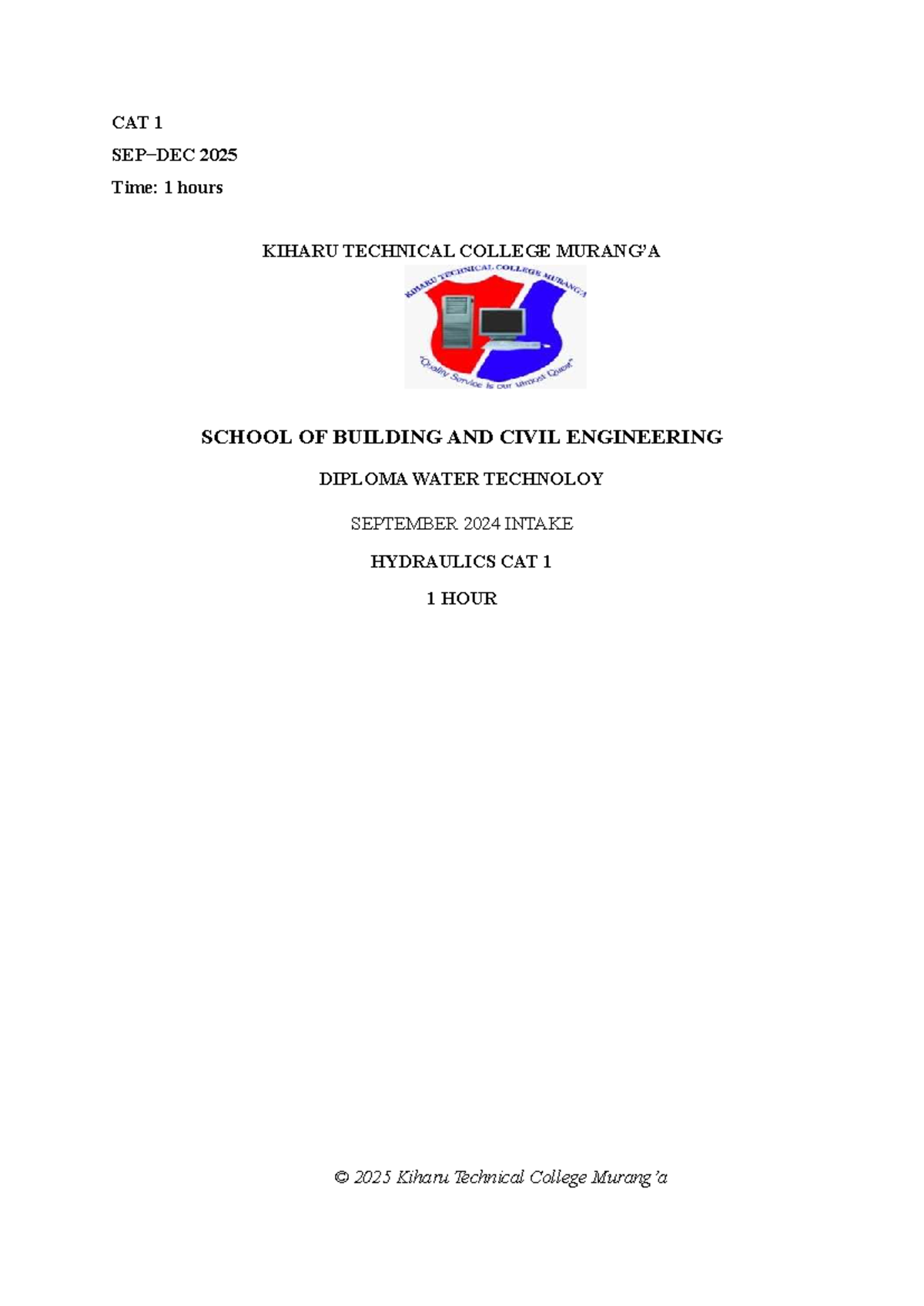 CAT 1 2025 Hydraulics Lecture Notes - Kiharu Technical College - Studocu