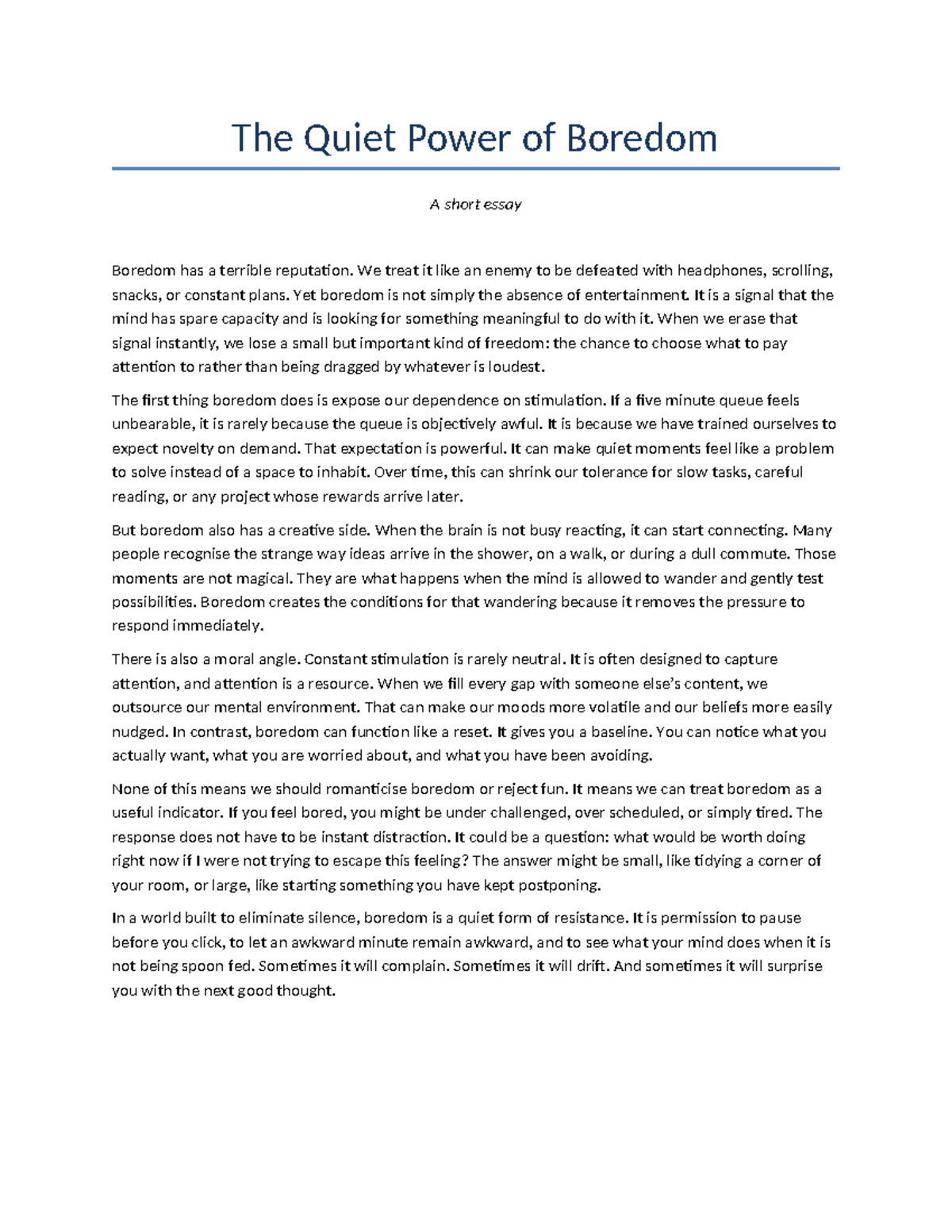 The Quiet Power of Boredom: A Short Essay Analysis - Studocu