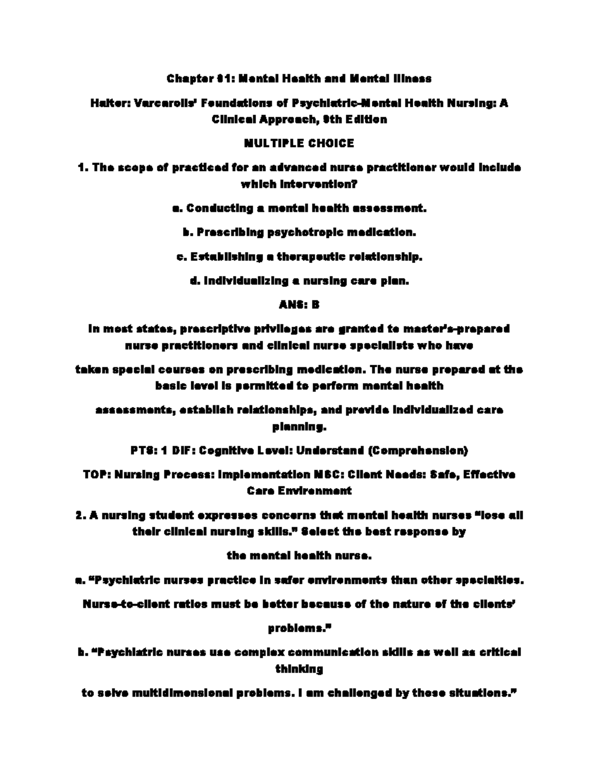 Psych Test Bank for Mental Illness - Chapters 1-8 Overview and Insights ...
