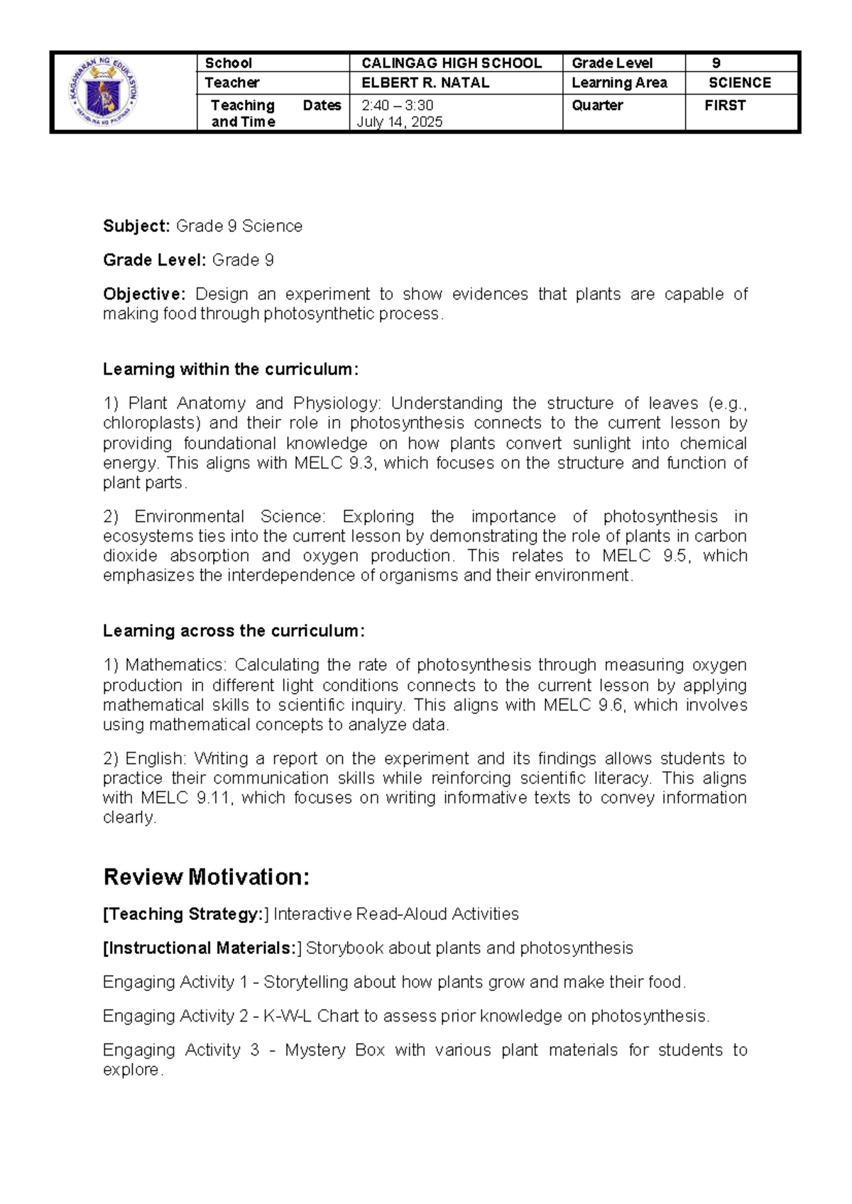 Grade 9 Science Lesson Plan: Photosynthesis Experiment (CALINGAG HIGH ...