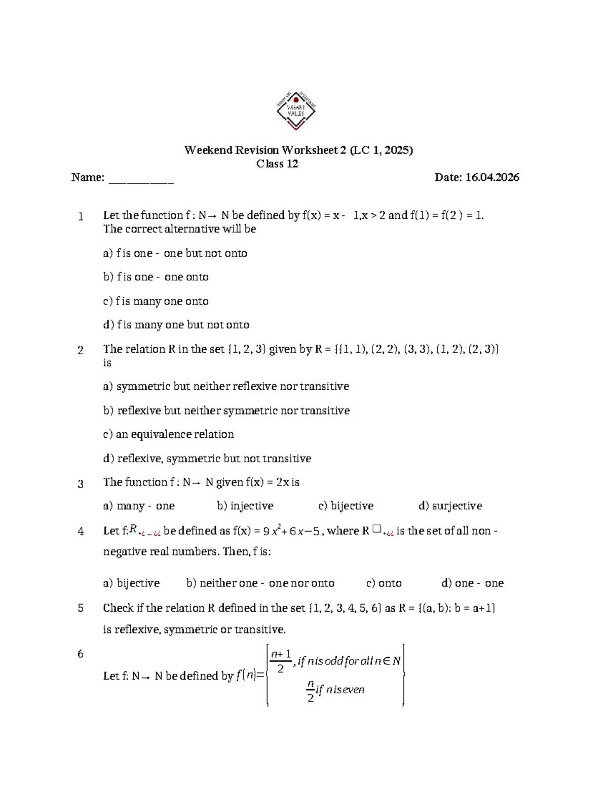 Weekend Revision Worksheet 2 (LC 1, 2025) - Class 12 Math - Studocu