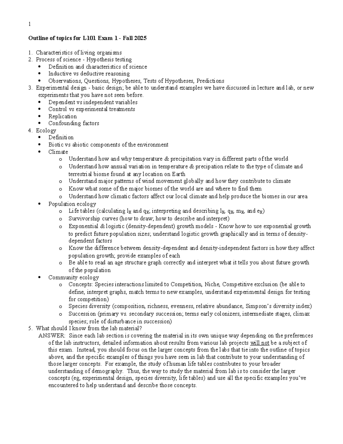 L101 Exam 1 Outline - Fall 2025: Key Topics & Lab Concepts - Studocu