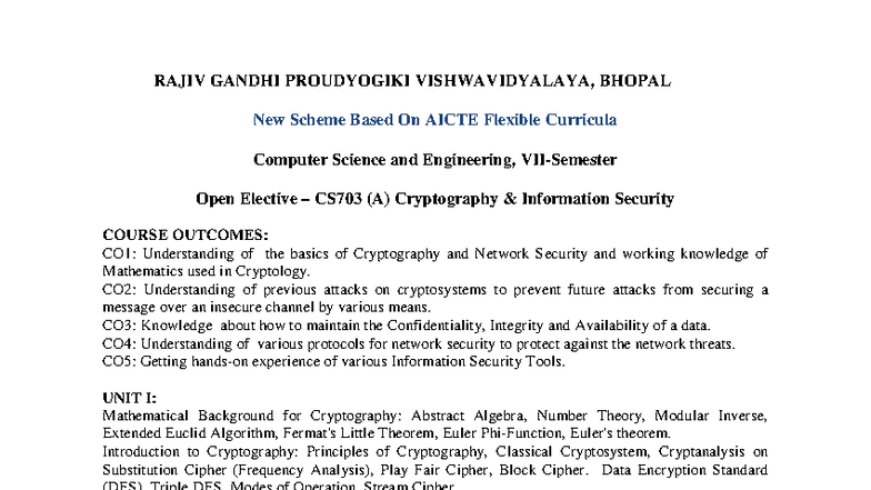 CS703(A) Cryptography & Information Security Course Overview - Studocu