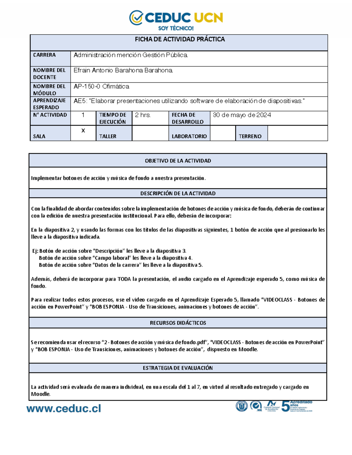 AP-150-0 Ficha Actividad Práctica - Ofimática - FICHA DE ACTIVIDAD PRÁCTICA CARRERA ...