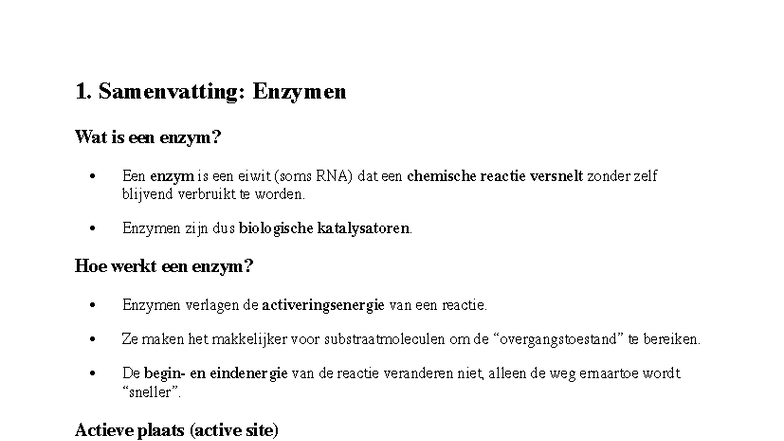 Samenvatting: Enzymen en Hun Functies in Biochemie - Studeersnel