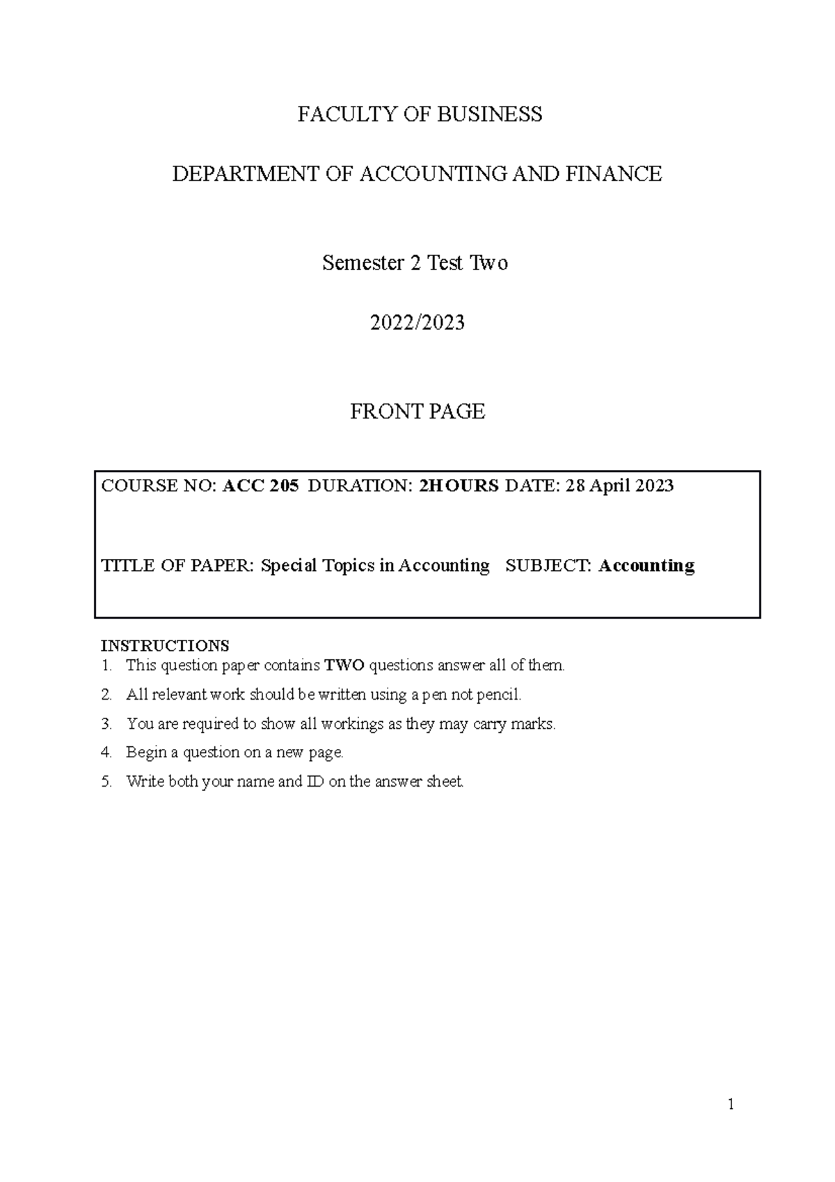 Practice Questions for ACC 205 Test 2: Accounting Ratios & Records ...