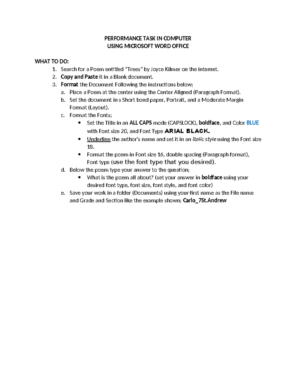 Computer Performance Task: Formatting a Poem in MS Word - Studocu