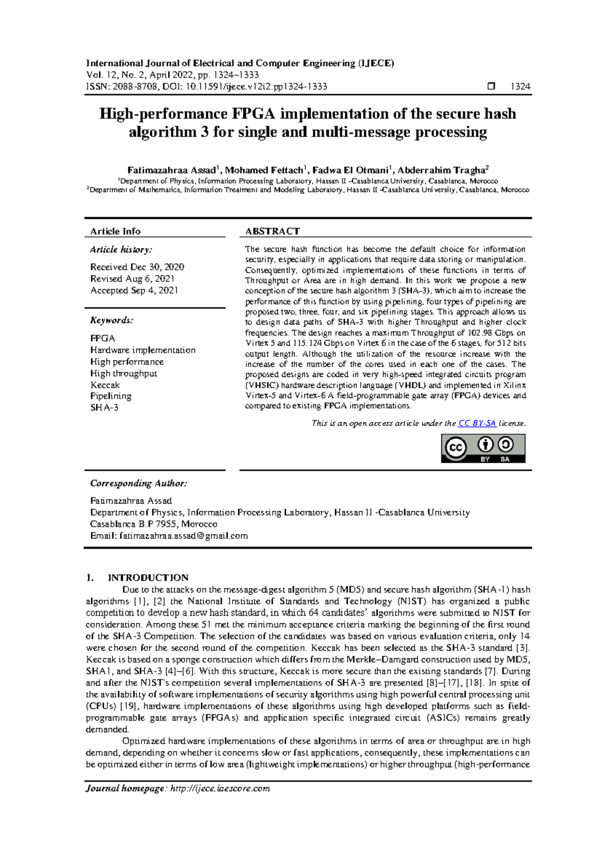 IJECE Vol. 12, No. 2, April 2022: High-Performance FPGA Design for SHA ...