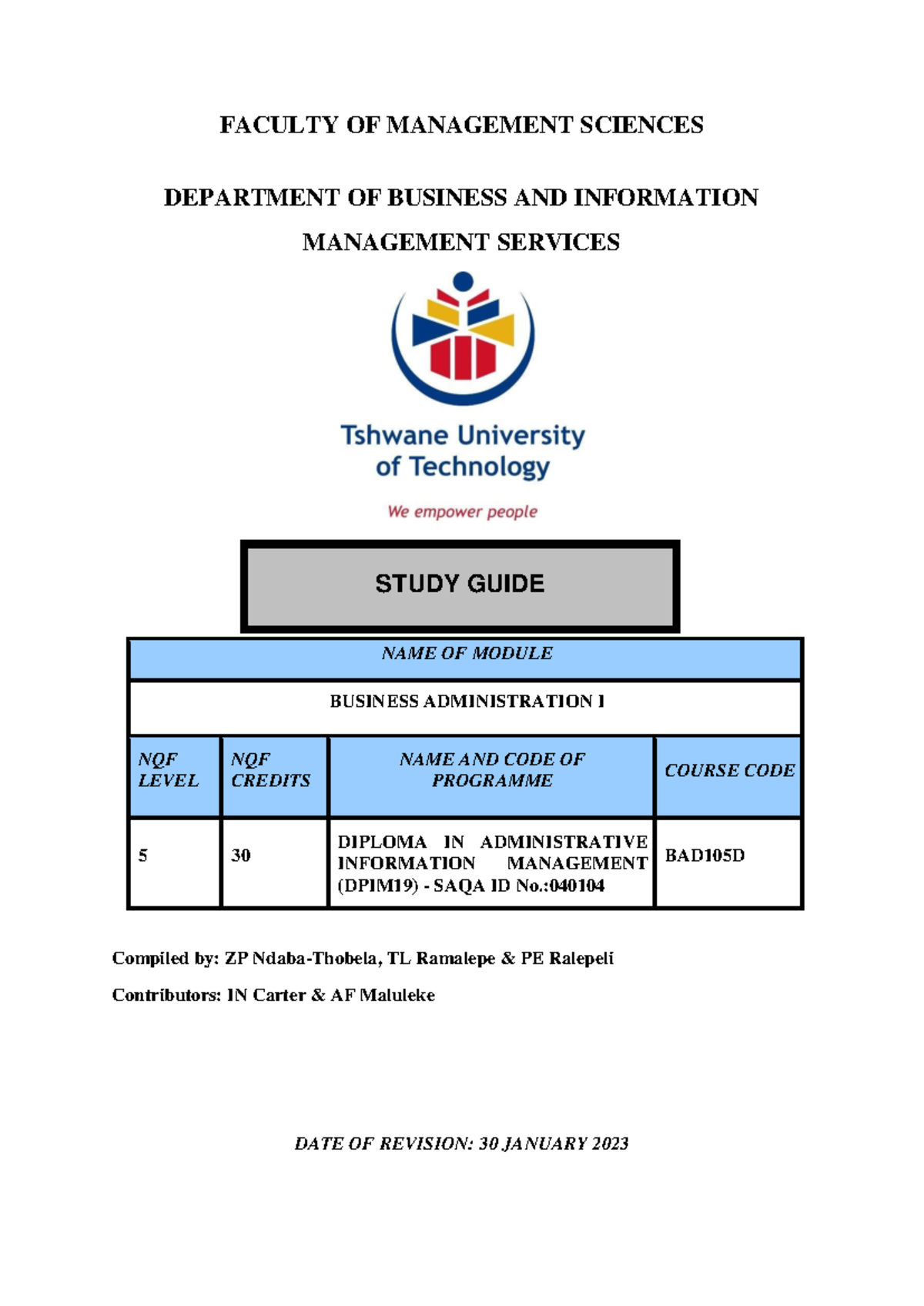 BAD105D - Business Administration I Study Guide 2023 - Studocu