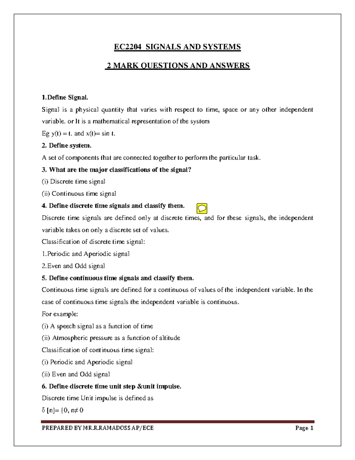 2marks - EC2204 SIGNALS AND SYSTEMS 2 MARK QUESTIONS AND ANSWERS 1 ...