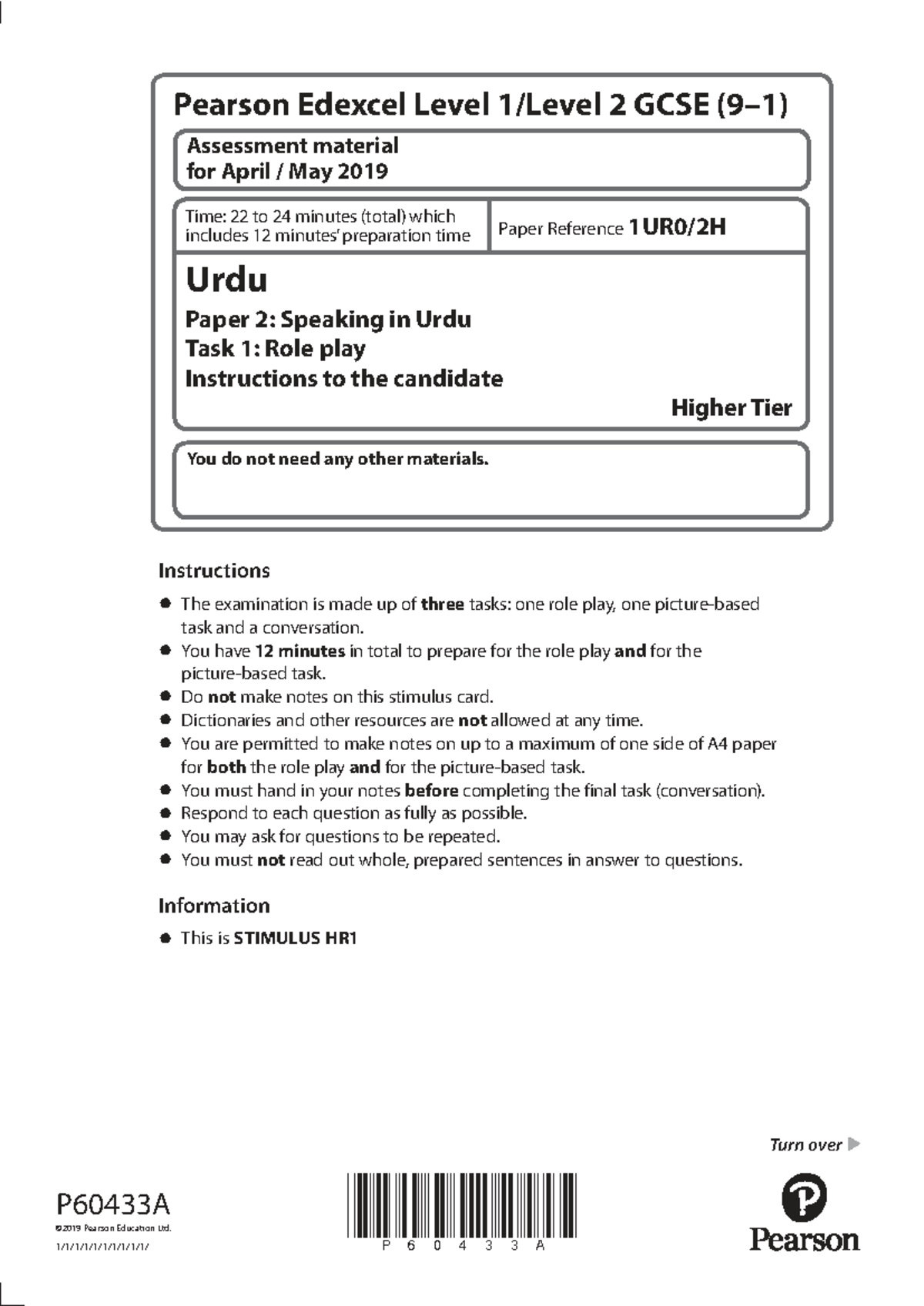 Urdu Paper 2: Speaking Role Play Cards - Edexcel GCSE 1UR0 2H - Studocu