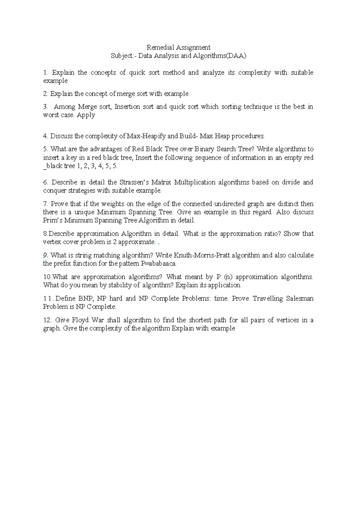 DAA Remedial Assignment: Data Analysis & Algorithms Concepts and Complexity - Studocu