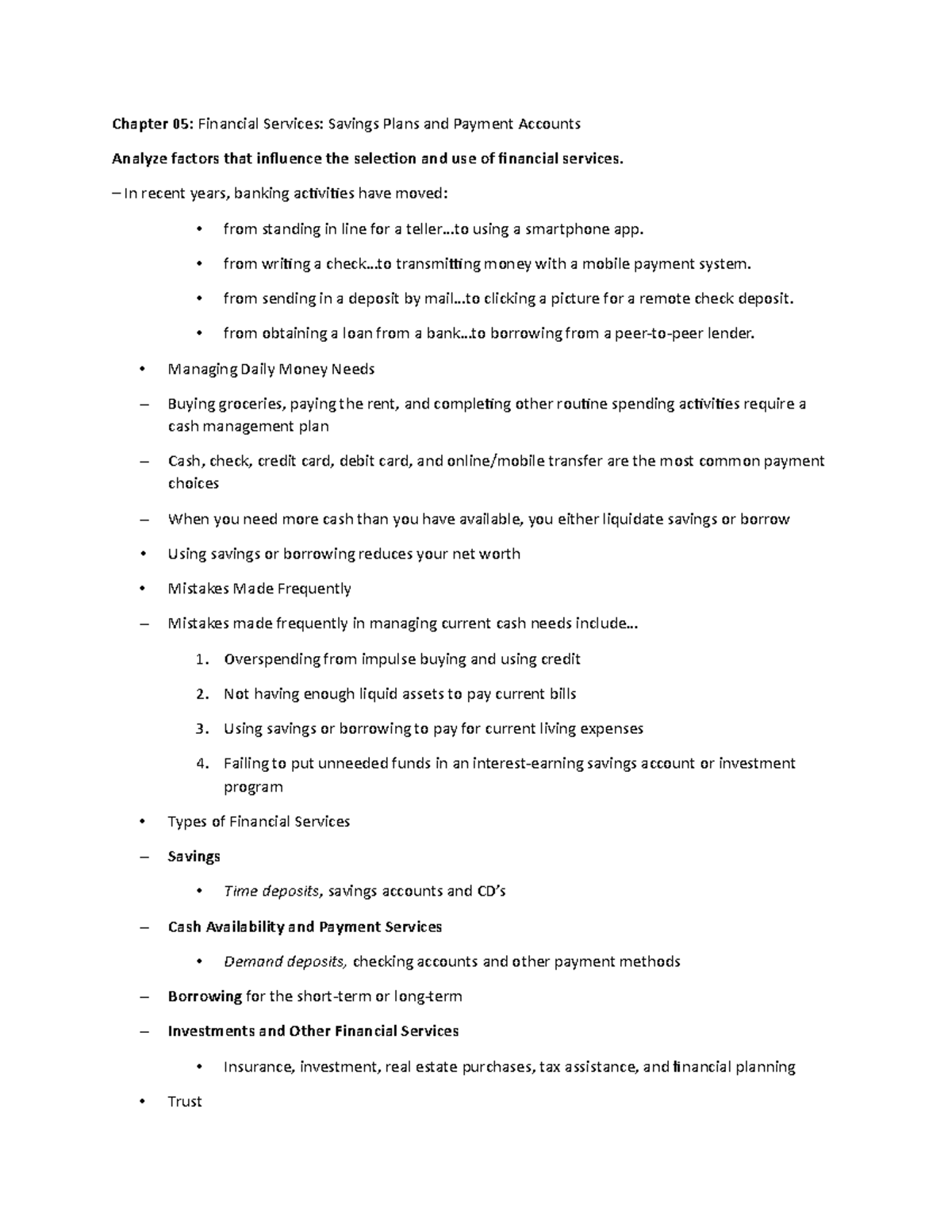 Personal Finance Planning - Chapter 5 Notes - Chapter 05: Financial ...