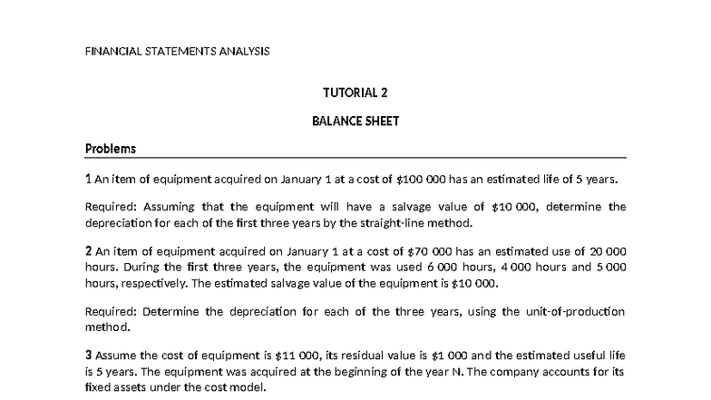 FSA 2025: Tutorial 2 - Balance Sheet Analysis & Depreciation Methods ...