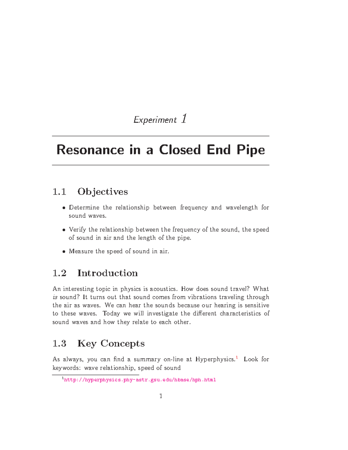 Lab1 - Lab1 - Experiment 1 Resonance in a Closed End Pipe 1 Objectives ...