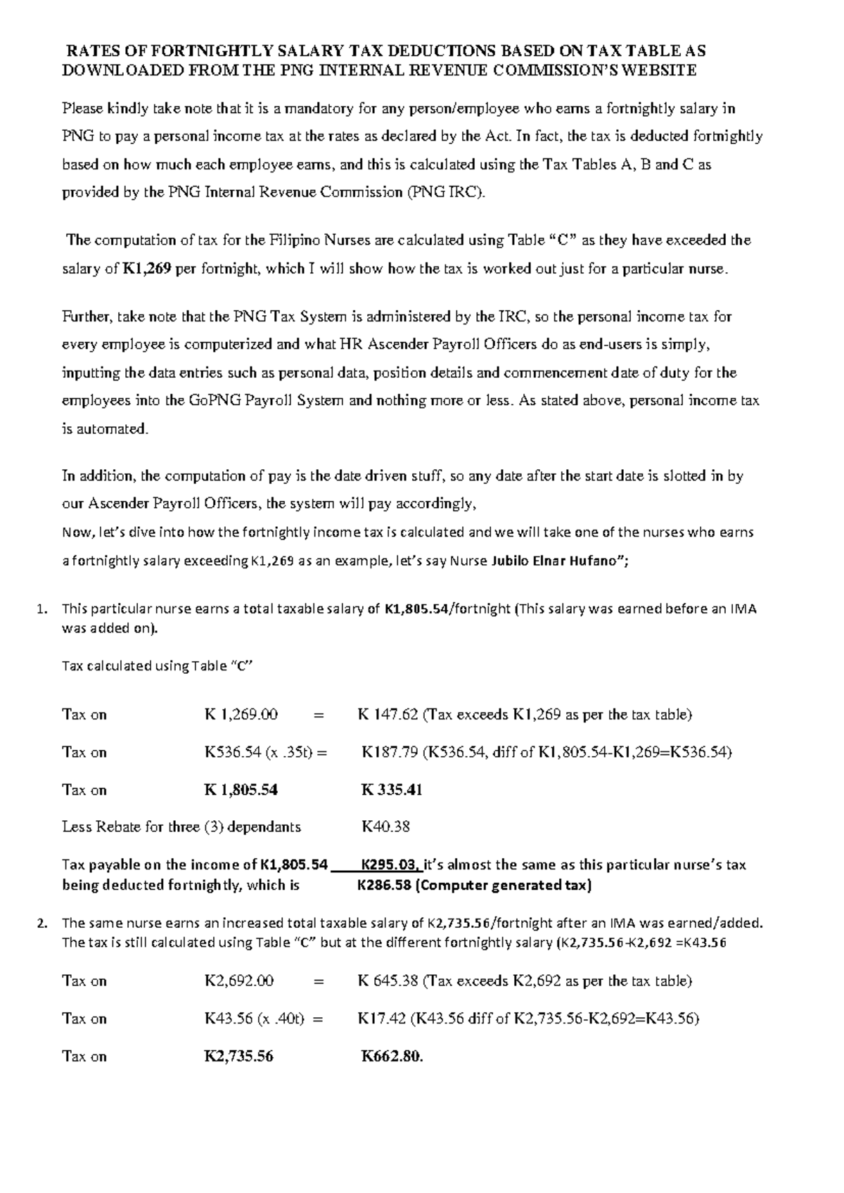 Personal Income Tax Calculation for Filipino Nurses in PNG - Studocu