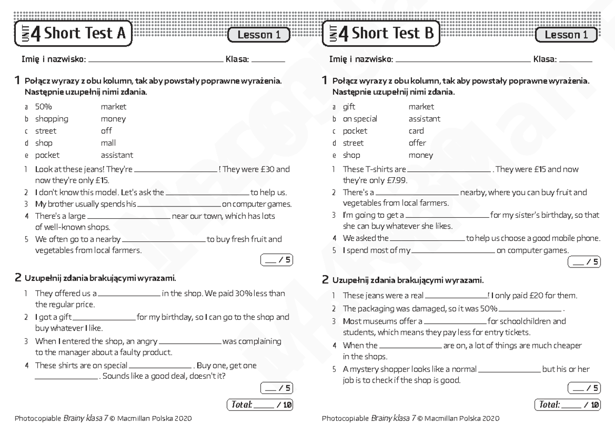 Brainy kl7 Short Tests: Unit 4 Lesson Insights - Studocu